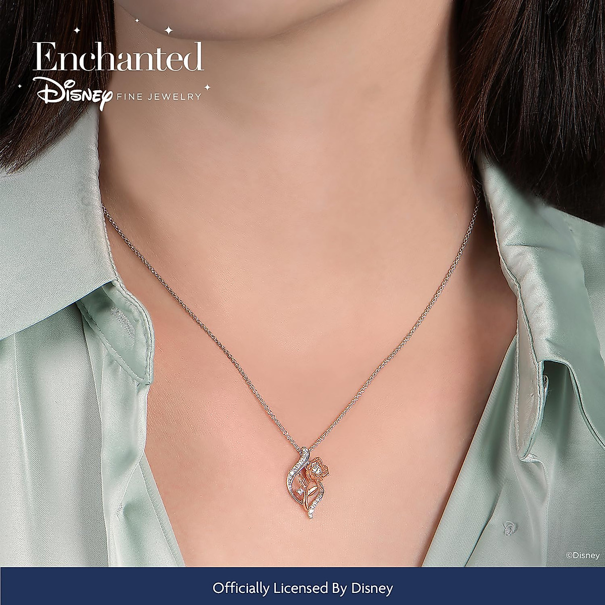 Jewelili Enchanted Disney Fine Jewelry 14K Rose Gold Over Sterling Silver 1/5 Cttw Diamond Belle Rose Pendant