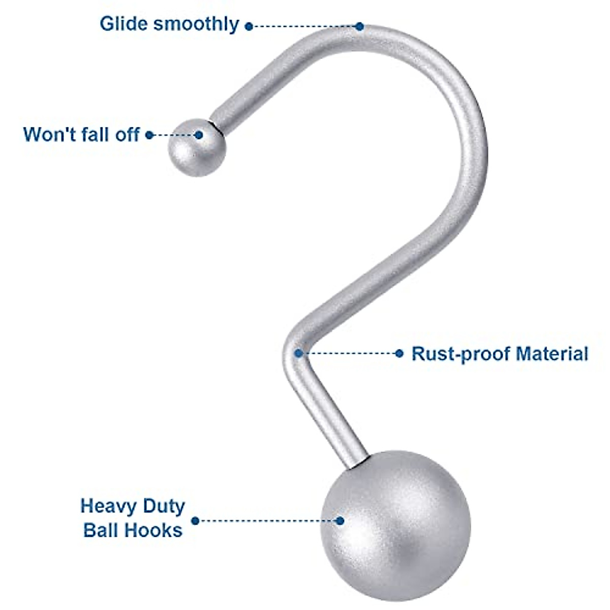 TOPROD Shower Curtain Hooks Rings, Classic Heavy Duty Shower Ball Hooks Rust Proof, Shower Rings Hangers for Bathroom Shower Curtain Rods Curtains, Free Gliding, Set of 12, Silver