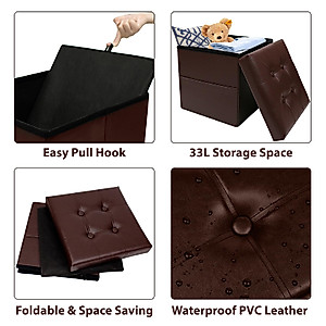 xuperbonus15 Inches Folding Storage Square Ottoman with Side Pocket Brown Leather Cube Foot Rest Stool Seat for Dorm Living Room Bedroom
