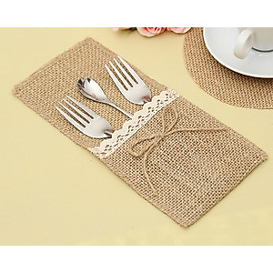 Samanter Burlap Lace Bow Utensil Holders 10Pcs Silverware Cutlery Pouch Knifes Forks Bag for Vintage Natural Wedding