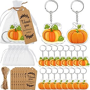 Taiyin Thank You Gifts 24 Set Little Pumpkin Baby Shower Party Favors Include Cute Pumpkin Key Chain Thank You Kraft Tags with Organza Bags for Fall Baby Shower Supplies