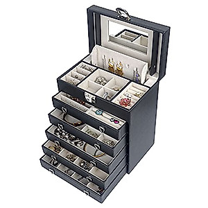 Kendal 6 Layer Large Leather Jewelry Box for Women, Lockable Jewelry Organizer Box with Mirror for Necklaces, Rings, Bracelets Jewelry, Ideal Gifts for Family Girlfriend LJC09BK