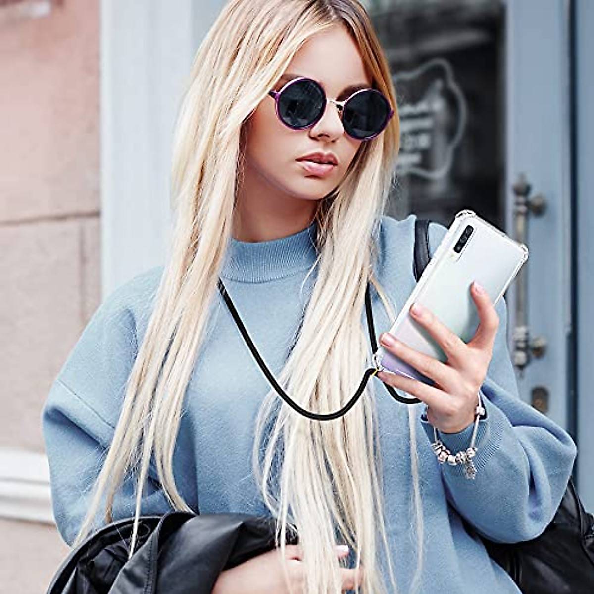 kwmobile Crossbody Case Compatible with Samsung Galaxy A50 Case Strap - Magnolias Pink/White/Transparent