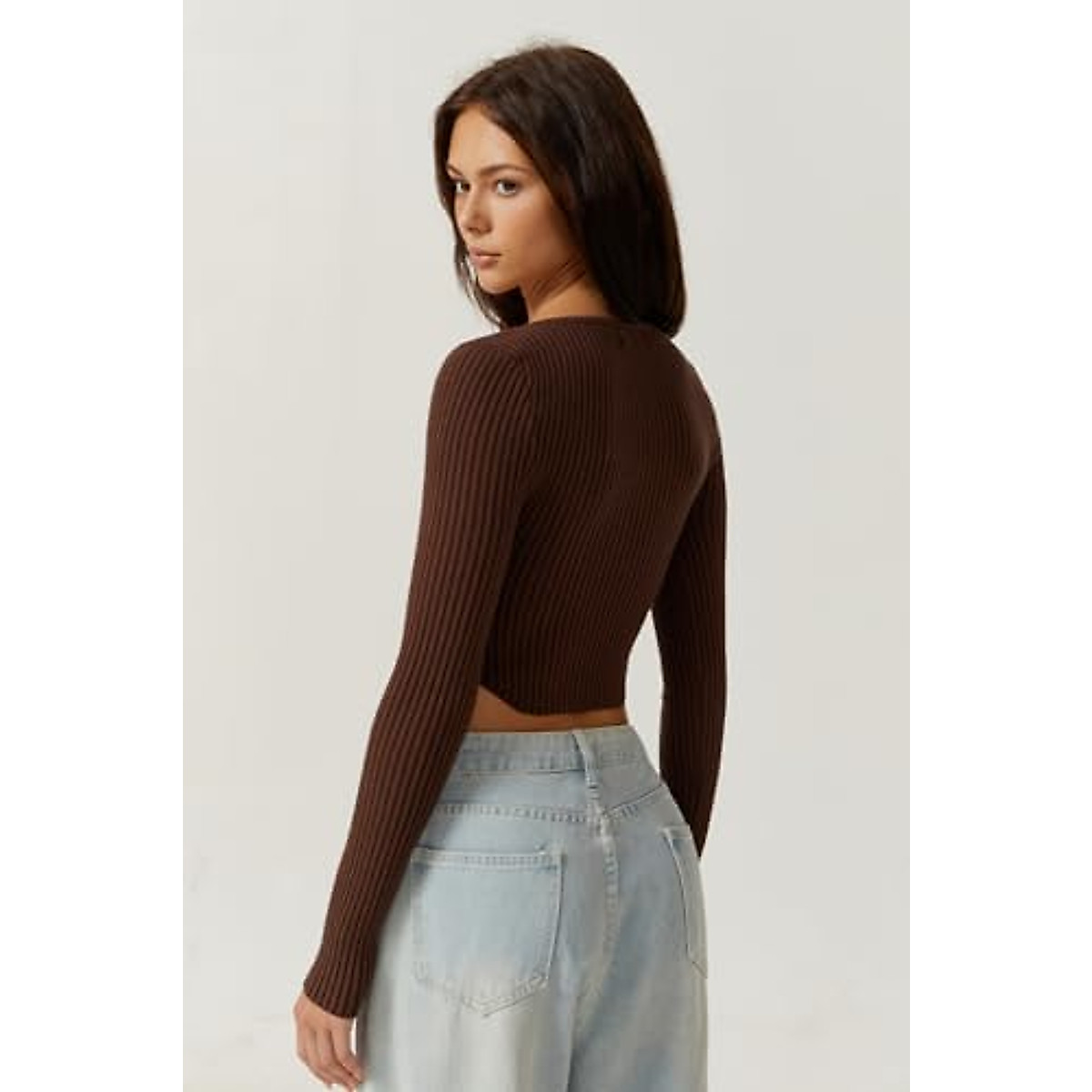 QINSEN Women's Long Sleeve Square Neck Crop Top Ribbed Slim Fitted Casual T-Shirt Tops Cinnamon XS