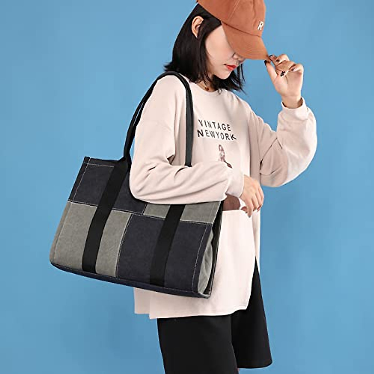 ZHIERNA Canvas Work Tote Bags for Women, Lightweight Shoulder Purse Top Handle Handbag With Zipper for School Travel Beach(Grey)