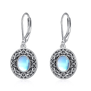 Sterling Silver Floral Moonstone Earrings Oval Shaped Drop Dangle Leverback Earrings for Women (Filigree)