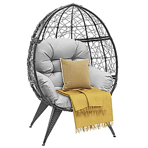 DWVO Egg Chair Patio Rattan Chair with Stand Anti-Slip All-Weather Poratble Adjustable Chair Feet Wicker Egg Lounger Chair for Indoor Outdoor 330LBS (Grey)