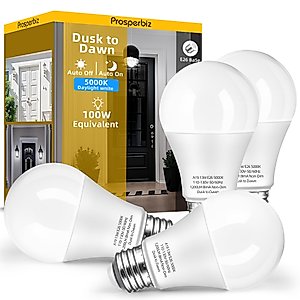 Dusk to Dawn LED Outdoor Light Bulb 100 Watt Equivalent, 13W Automatic On/Off Sensor Light Bulb Daylight 5000K, 1200LM, A19 Dusk to Dawn Light Bulbs for Porch Garage Outdoor Lighting, 4 Pack