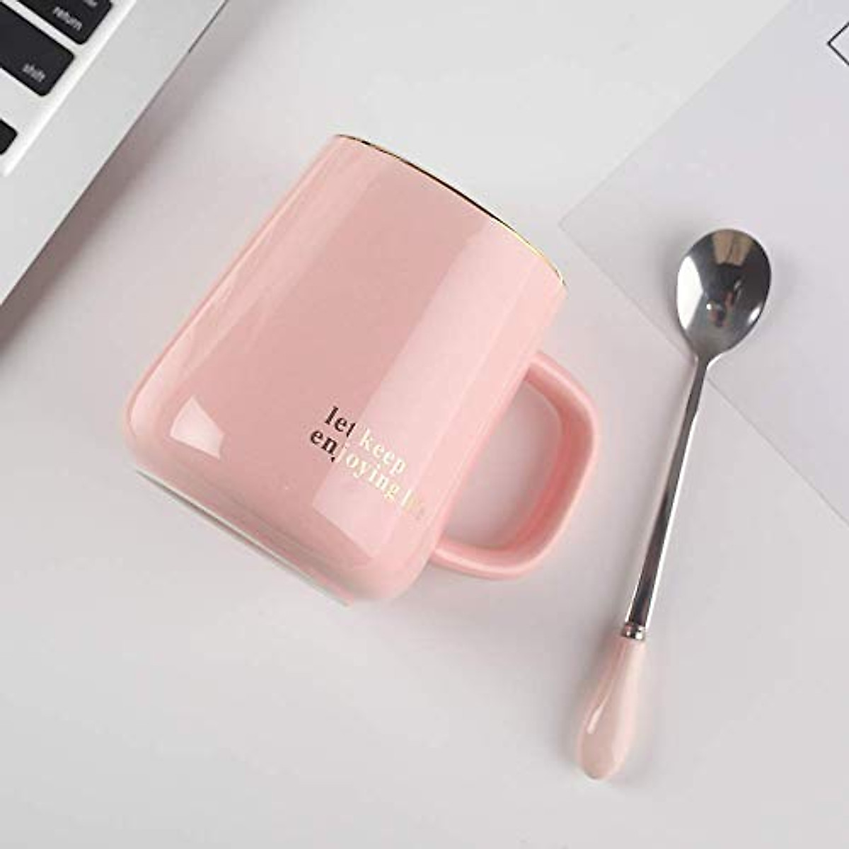 Ceramic Mug Birthday Gifts for Women China Tea Cups with Spoon Coffee Cup Suitable for Making Tea,Cold Drinks,Hot Drinks,Coffee,Etc(Pink,14.5oz)