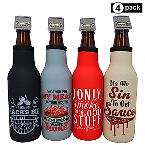 BBQ Smoker Bottle Coolies - Barbecue Meat Smoking Gift for Dad,Useful Gifts for Men Who Have Everything,Bottle Cooler Insulator Sleeve w Zipper,Built-In Removable Opener,Insulated 12 oz. Bottle Coolie