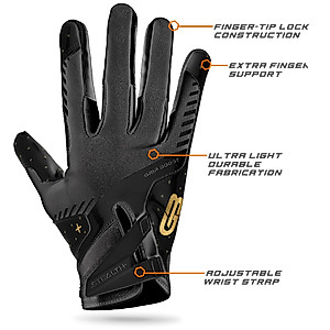 Grip Boost Football Gloves Peace Stealth 6.0 Boost Plus Technology Men's Receiver Gloves - Adult and Youth Sizes (Black/Gold, Youth Small)