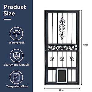 Grisham (Right-Handed) 36" x 80" Metal Tempered Glass Doors Embedded Dog Door and Screen Replacement, Security Front Door, Storm Door