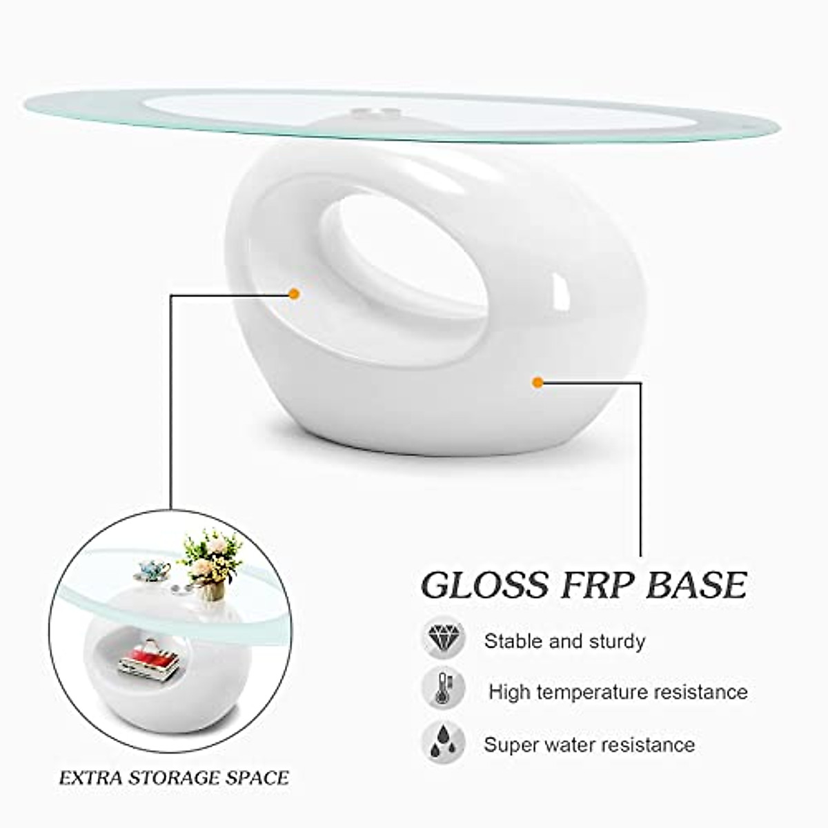 Modern White Glass Coffee Table for Living Room, with Glass Top & Glossy Solid Base for Storage, Sofa Side Central Table, Oval Glass Table Set for Living Room, Sitting Room