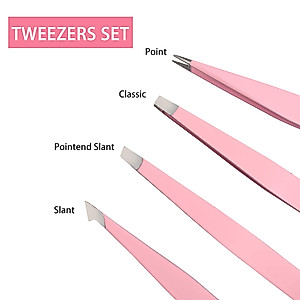 Tweezers Set 4-piece, Professional Stainless Steel Tweezers, Precision Tweezers for Eyebrows, Facial Hair, Ingrown Hair, Splinter, Blackhead Remover (PINK)…