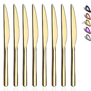 HOMQUEN Gold Steak Knives, 8 Piece Premium Stainless Steel Steak Knife Set, Meat Knife Sets, German Steak Knives Serrated, Tomato Knife, For Home, Kitchen or Restaurant, Dishwasher Safe (9.2 Inch)