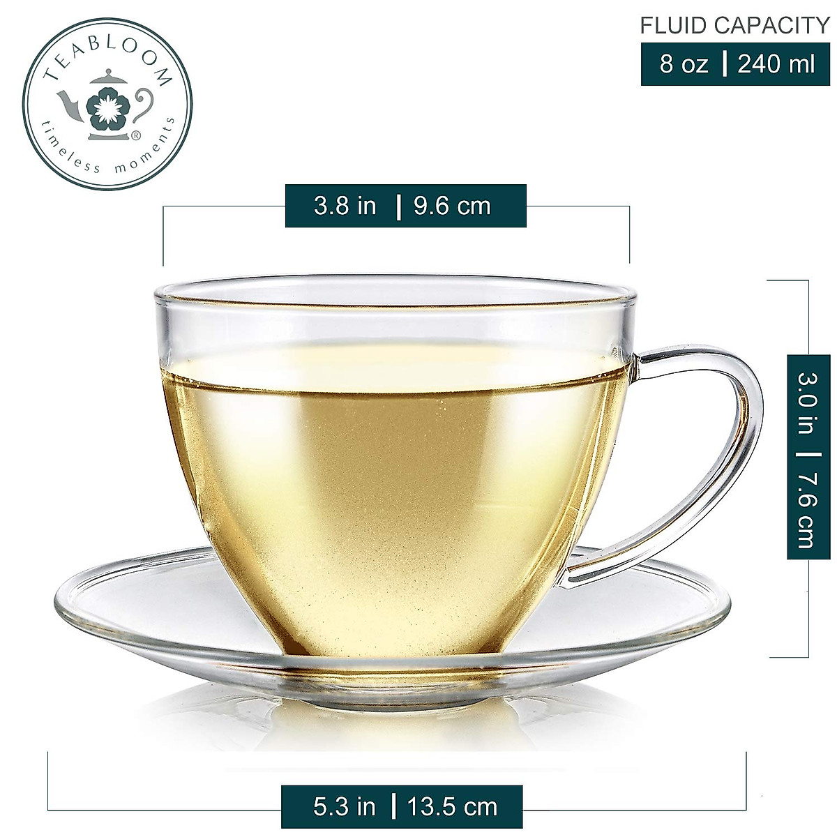 Teabloom Royal Teacup and Saucer Set 2-Pack – Medium Teacup Size – 8 OZ/ 240 ML Capacity – Crystal Clear Classic Design – Premium Borosilicate Glass – Stain-free and Heat Resistant