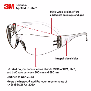 3M Safety Glasses, Virtua, 20 Pair, ANSI Z87, Anti-Fog Scratch Resistant Clear Lens, Clear Frame, Wraparound Coverage