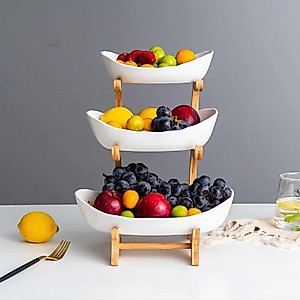3 Tier Fruit Basket, Ceramic Fruit Bowl for Kitchen Counter, Home Fruit Bowl Set with Holder for Fruit Veggies Tray Snacks Nuts Bread Candy Storage Holder (White porcelain)