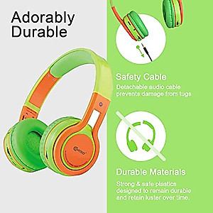 Contixo KB-2600 Kids Over Ear Foldable Bluetooth Headphones - Kids Safe 85dB with Volume Limiting - Built-in Microphone - Micro SD Card Slot - FM Stereo Radio - Phone Controls (Green + Orange)
