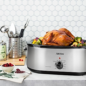AROMA® 20Qt. Roaster Oven with Self-Basting Lid, Fits 24-lb. Turkey, Adjustable Temperature Settings, Keep Warm Setting, Stainless Steel (ART-720S)