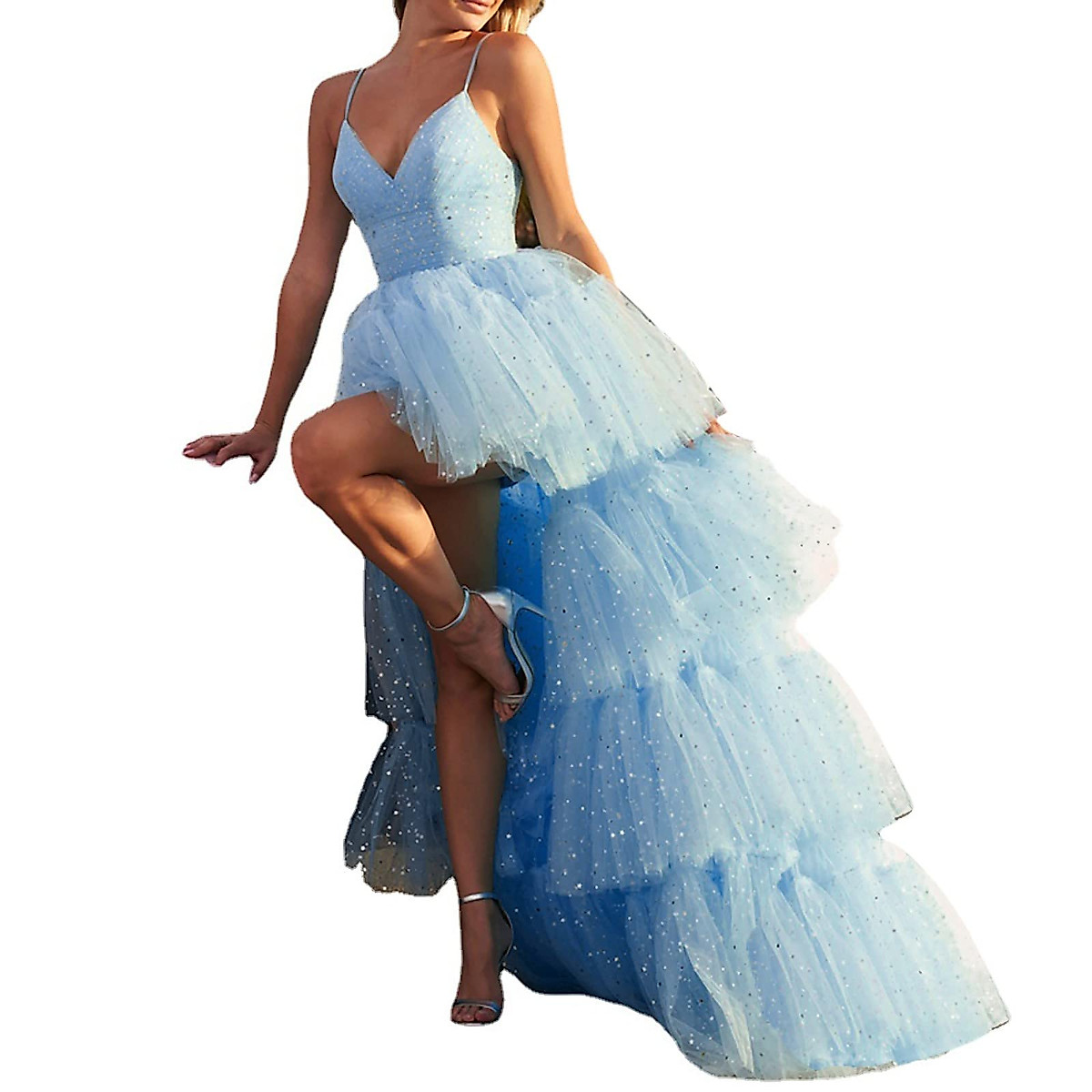 A Line Dresses for Women Wedding Guest Tulle Prom Dress V Neck A Line High Low Evening Party Gown Ruffles Maxi Dress Blue