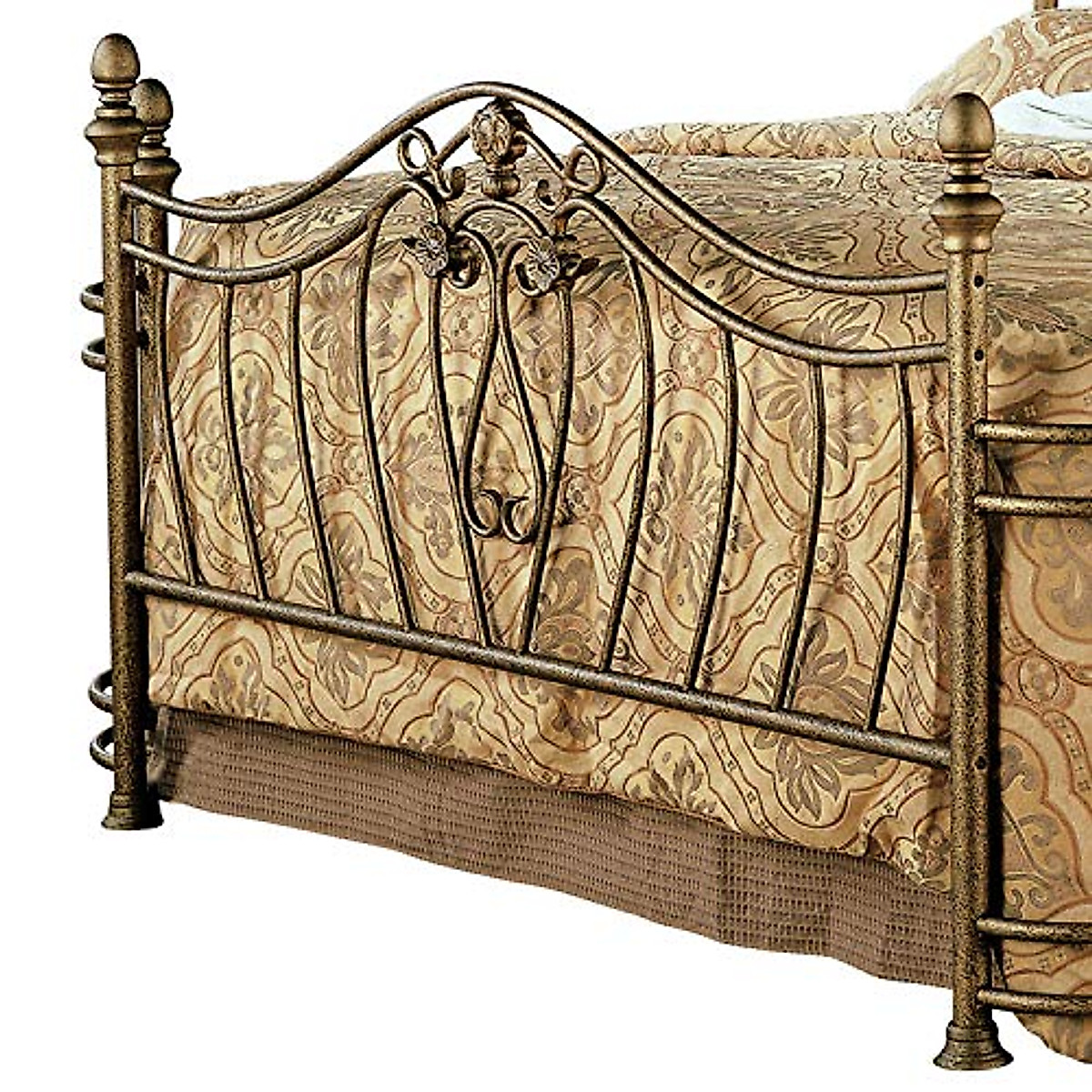 Benjara Metal Queen Headboard and Footboard with Swirling Floral Motifs, Antique Gold