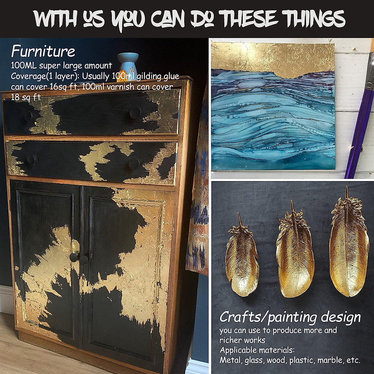 Gold Leaf Kit, Gilding Adhesive 200ml Set, Water Based Adhesive and Protective Varnish Whit Gold Leaf Sheet 100 pc, for Craft Supplies, Painting, Resin Arts Furniture and Decoration