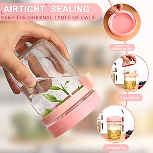 KAIZHOUZHOU 16oz Glass Mason Overnight Oats Jars, Cereal, Yogurt, Salad Lunch,Glass Overnight Oats Containers with Lids and Spoon, Container with Measurement Marks -(Grey&Pink-2Pcs)