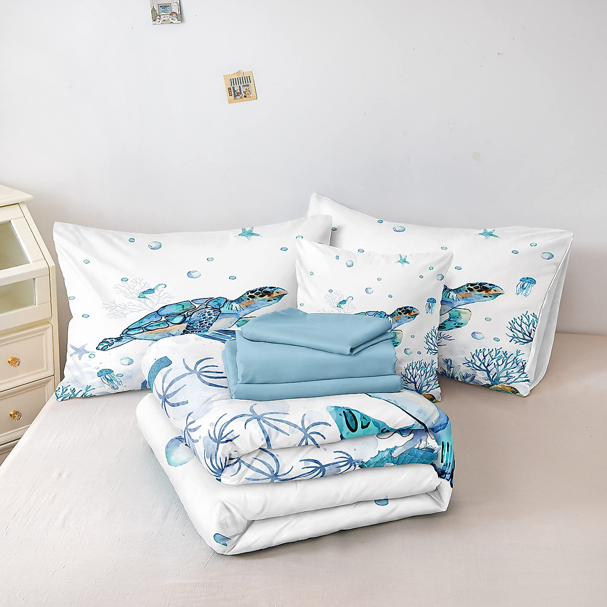 Sea Turtle Comforter Ocean Themed Bedding Sets 6 Pieces Twin Bed in A Bag Teal Blue Turtle Sea Horse Animal Cartoon Pattern Beach Coastal Bedding Comforter (Sea Turtle, Twin)