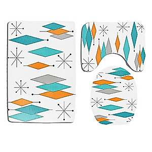 DZGlobal Mid Century Modern Bathroom Rugs Sets 3 Piece Turquoise Orange Diamond Bath Mat Non Slip U-Shaped Contour Mat Toilet Lid Cover Sets Home Decor Shower Accessories
