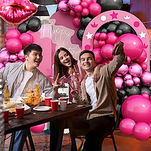 Pink Balloon Garland Arch Kit,Hot Pink Black Rose Red Balloon Garland Red Lips Foil Balloon for Theme Party Girl Birthday Baby Shower Themed decorations