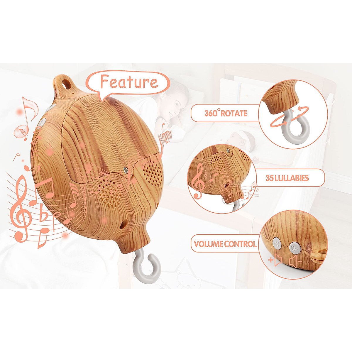 Crib Mobile Arm with Music Box - Imitation Wood - 23 Inch Mobile Arm for Crib - Crib Mobile Motor Battery Operated - Volume Control - 35 Lullabies - Crib Toys Attachments - Holder for DIY Clamp Mobile