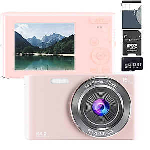 Acuvar 44MP Compact Point and Shoot Digital Camera, 16X Digital Zoom, 2.4 Inch Screen & 32GB SD Card, Vlogging Camera for Kids Teens Students Boys Girls Seniors (Pink)