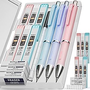 Nicpro 3PCS Pastel Mechanical Pencil Set, Cute Mechanical Pencils 0.7 mm with 6 Tubes HB Lead Refills& 3PCS Eraser& 9PCS Eraser Refill for Student Writing, Drawing, Sketching, Drafting -Come with Case
