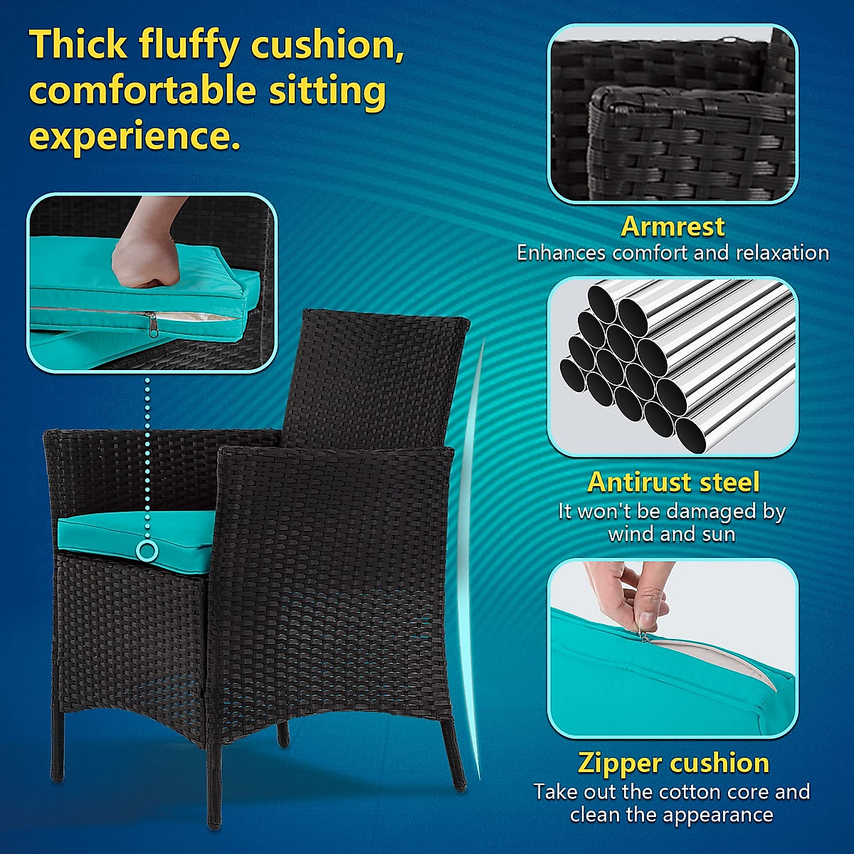 Ruesleag Patio Furniture Set 4 Piece Rattan Conversation Sets Patio Set Chairs with Thickened Cushions and Tempered Glass Table Outdoor Wicker Porch Furniture Random Arrangement for Yard or Backyard