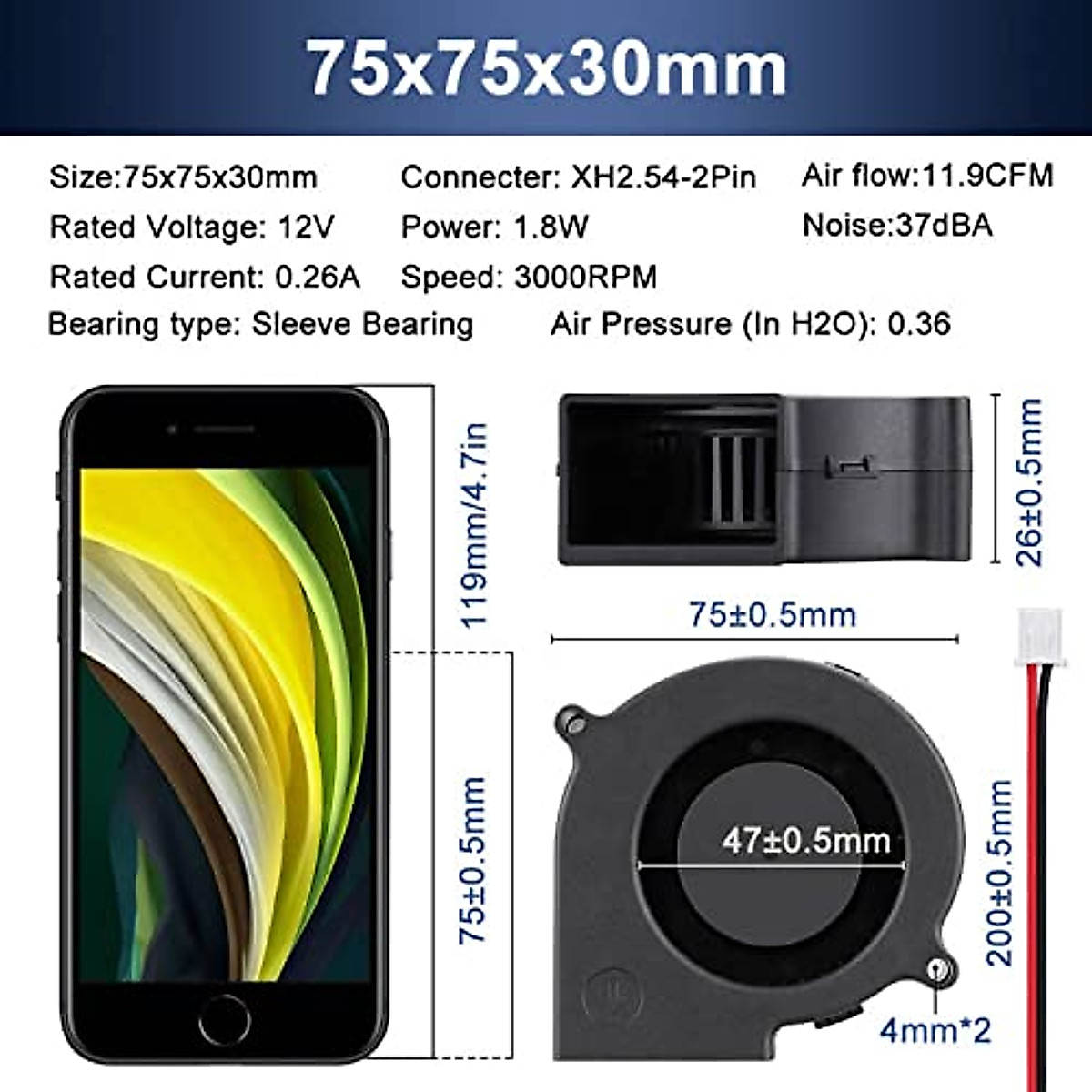 Wathai DC Centrifugal Fan 12V 75mm x 30mm Brushless Cooling Turbo Blower Fan 3 inch