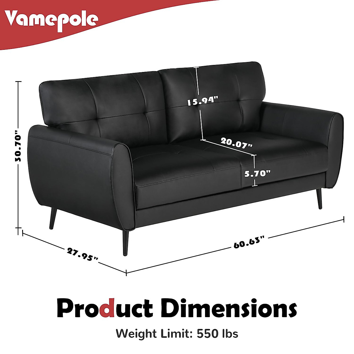 VAMEPOLE Sofa Couch, 61" Leather Loveseat Sofa for Living Room, Mid Century Mini Black Couch, Tufted Faux Leather Love Seat, Comfy Office Sofa 2 Seat, Small Couches for Small Spaces, Bedroom(Black)