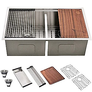 33 Inch Undermount Double Bowl Kitchen Sink Workstation- Wesliv 33x19 Stainless Steel Undermount Kitchen Sink 50/50 Low Divide Double Bowl Kitchen Sink 16 Gauge Deep Ledge Workstation Sink