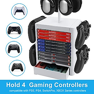 Number-one Game Storage Tower Bracket, Multifunction Gaming Disks Organizer Rack, Most Storage 10 Disk, 2 Headsets Stand 4 Controllers Holder, Compatible with PS5/PS4/XBOX Series Accessories, White