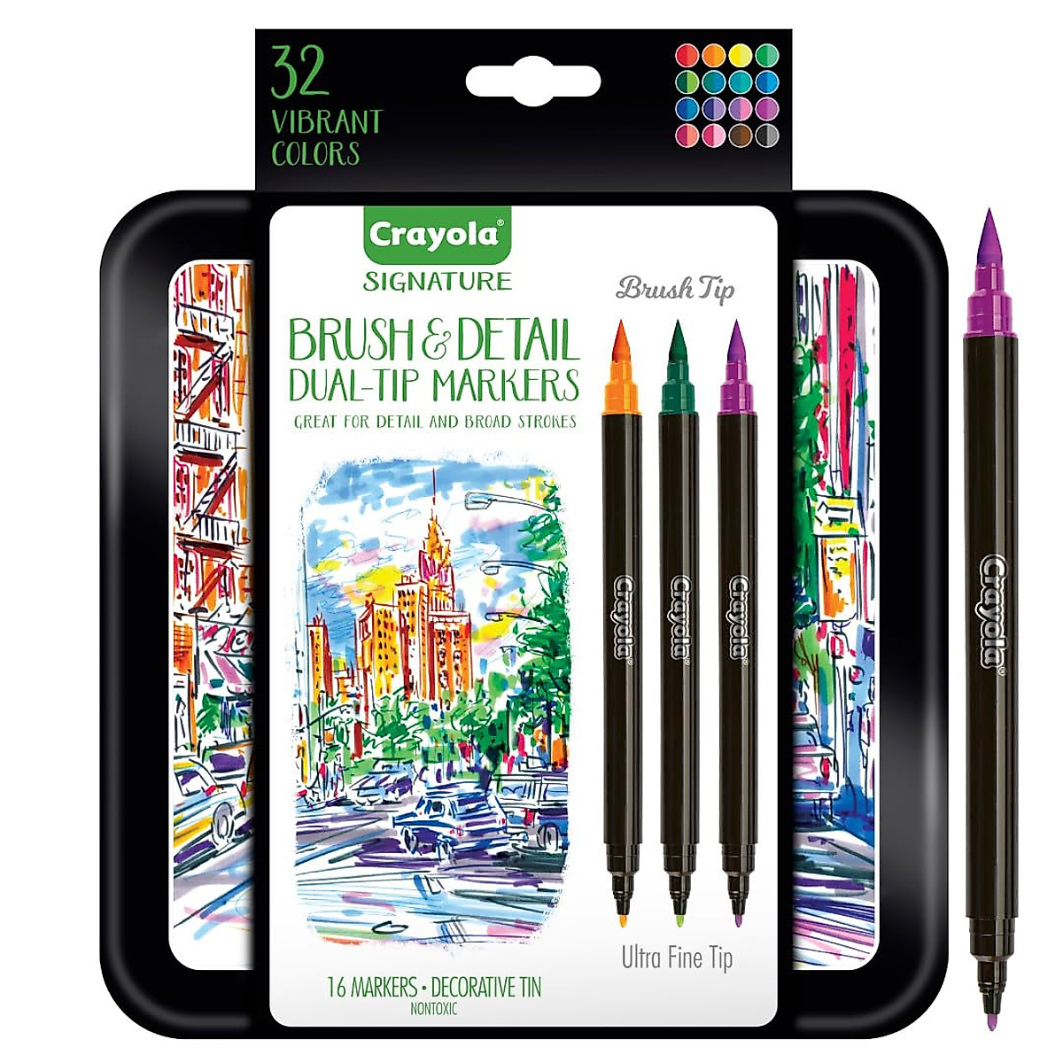 Crayola Brush & Detail Dual Tip Marker Set (32ct), Adult Coloring Markers, Gifts for Teens & Adults