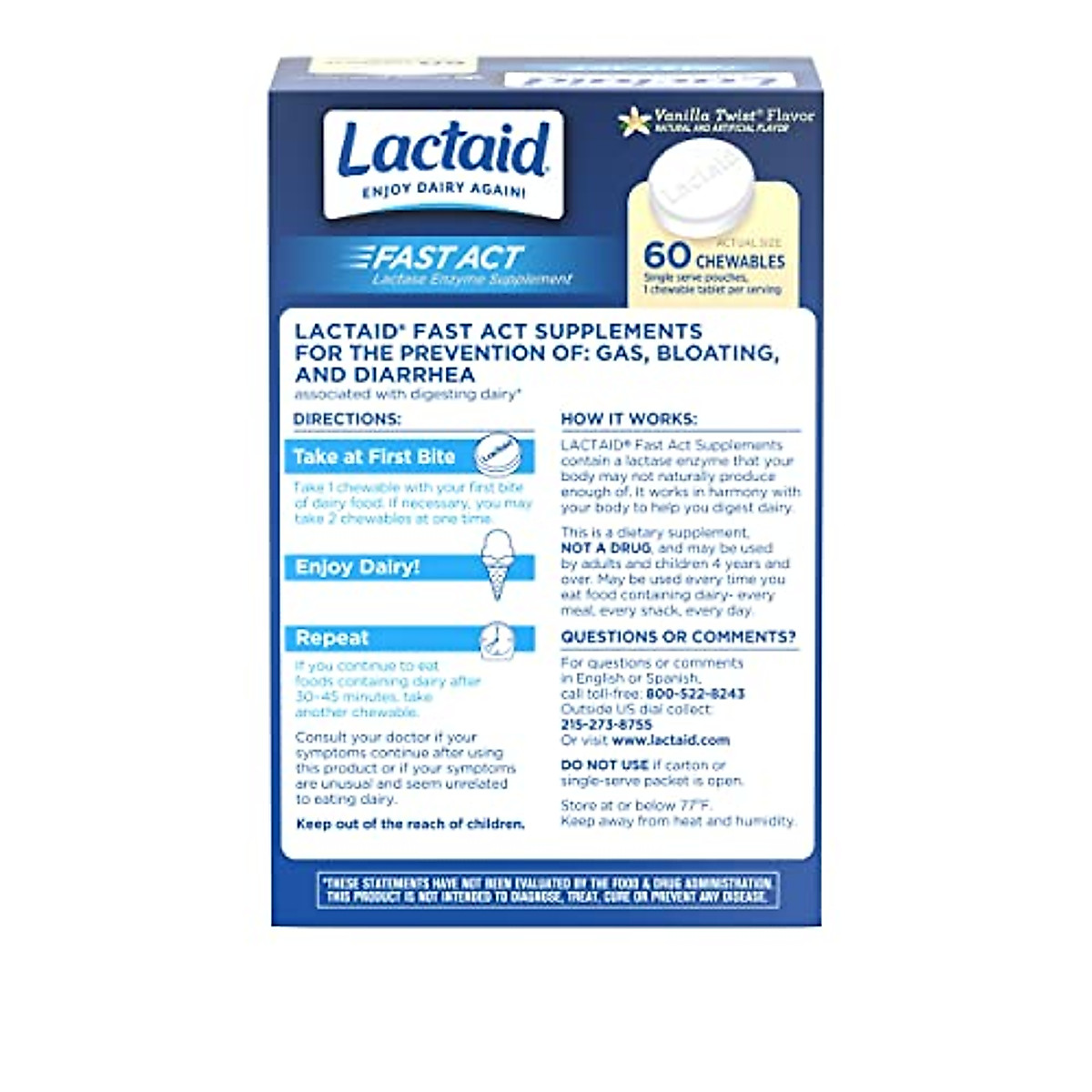 Lactaid Fast Act Lactose Intolerance Chewables with Lactase Enzymes, Vanilla, 60 Count (Pack of 1)