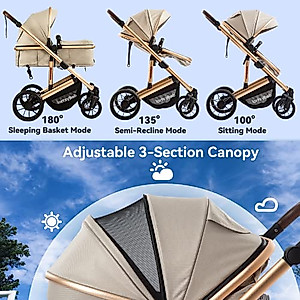 Infant Newborn Baby Bassinet Stroller - 2 in 1 High Landscape Convertible Stroller with Reversible Seat | Foldable Aluminum Alloy Pram Anti-Shock Toddler Pushchair Strollers for 0-36 Months Babies