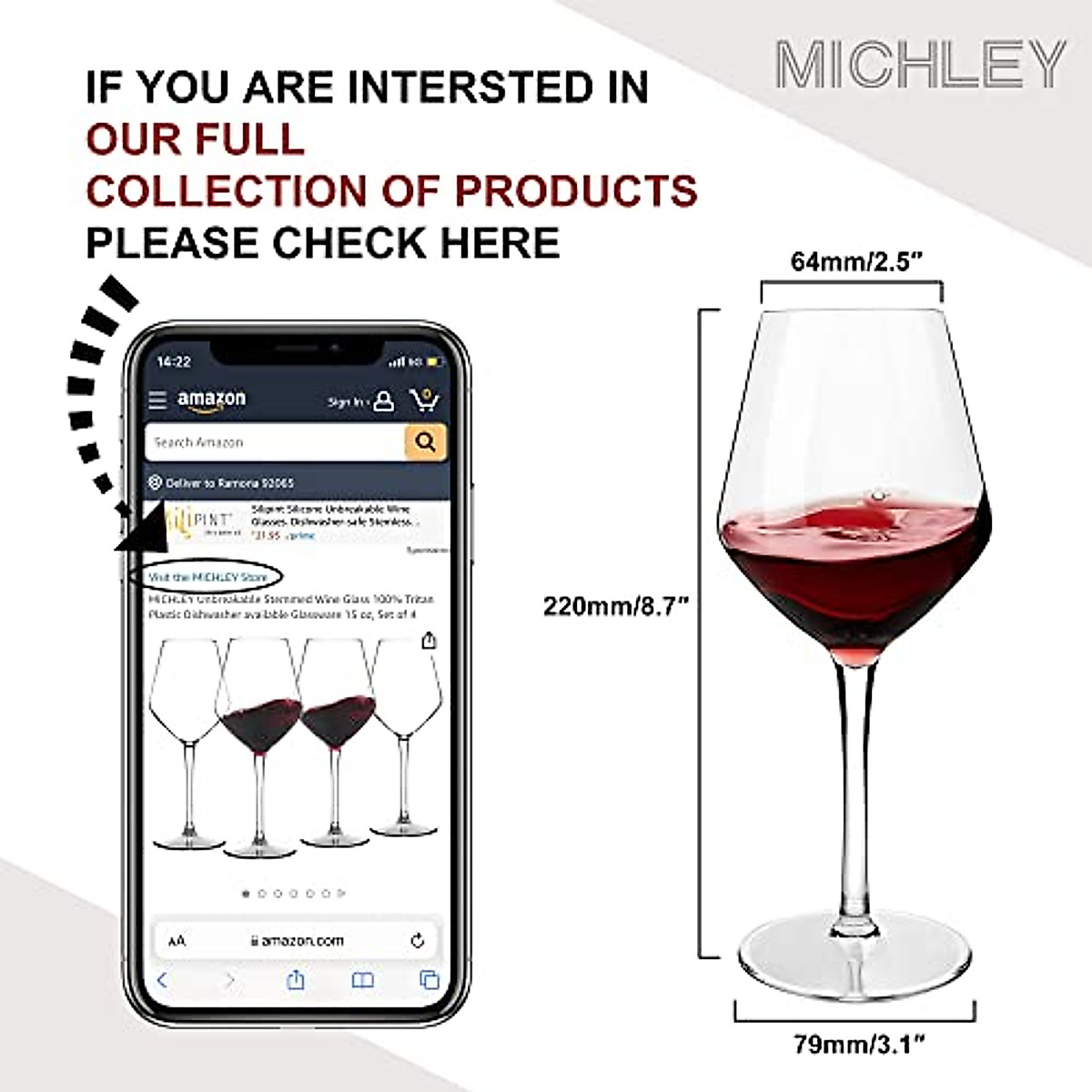 MICHLEY Unbreakable Stemmed Wine Glass 100% Tritan Plastic Dishwasher available Glassware 15 oz, Set of 4