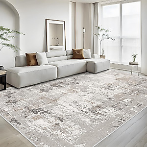 Washable 9x12 Area Rugs - Neutral Large Rugs for Living Room Abstract Soft Faux Wool Carpet for Bedroom Non Slip Stain Resistant Dining Room Rug Beige/Grey/Brown