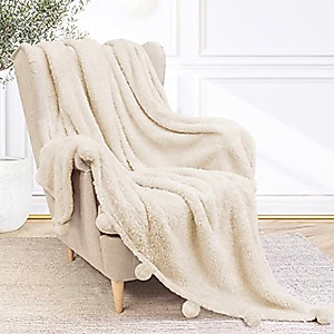 PAVILIA Cream Sherpa Throw Blanket for Couch, Pom Pom | Fluffy Plush Soft Blanket for Sofa Bed | Shaggy Warm Fuzzy Fleece Blanket | Cozy Decorative Beige Ivory Pompom Throw, 50x60