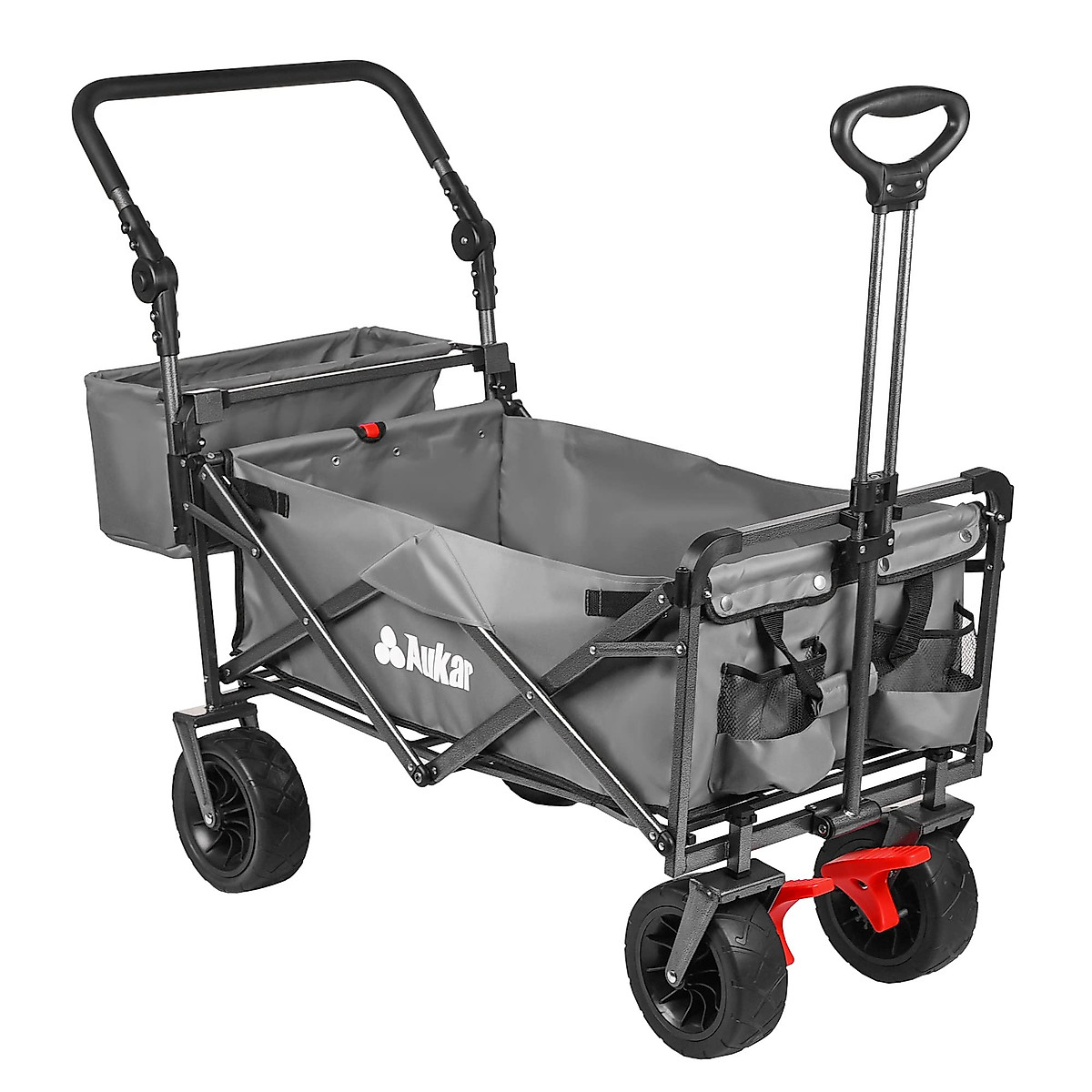 AUKAR Collapsible Canopy Wagon - Heavy Duty Utility Outdoor Foldable Garden Cart - with Adjustable Push Pulling Handles,Big Wheels for Sand, for Shopping, Picnic, Camping, Sports - Grey