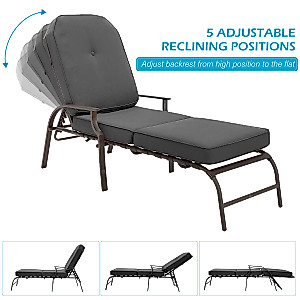 U-MAX Adjustable Outdoor Chaise Lounge Chair Patio Lounge Chair Recliner Furniture with Armrest and Cushion for Deck, Poolside, Backyard （Grey）
