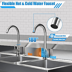 3 Compartment Sink Commercial Kitchen Sink with 2 Hot & Cold Faucet Stainless Steel Outdoor Sink Freestanding Utility Sink for Restaurant Laundry Each Sink 11"L x 9"W x 7"H