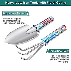 Tbltaca Garden Tool Set, Stainless Steel Heavy Duty Gardening Tools 30 PCS w/ Floral Print, Trowel Rake Weeder Pruner Shears Sprayer Digging Claw Gloves, Ideal Gardening Gift for Women