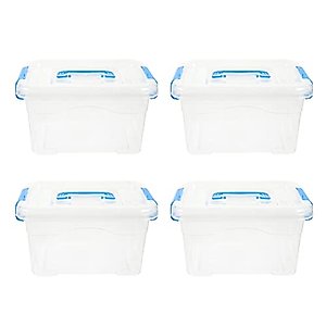 4pcs Plastic Storage Box Tote Book Organizing Container Desktop Stackable Plastic Storage Box with Lid and Blue Handle for Organizing ' s Action Figures